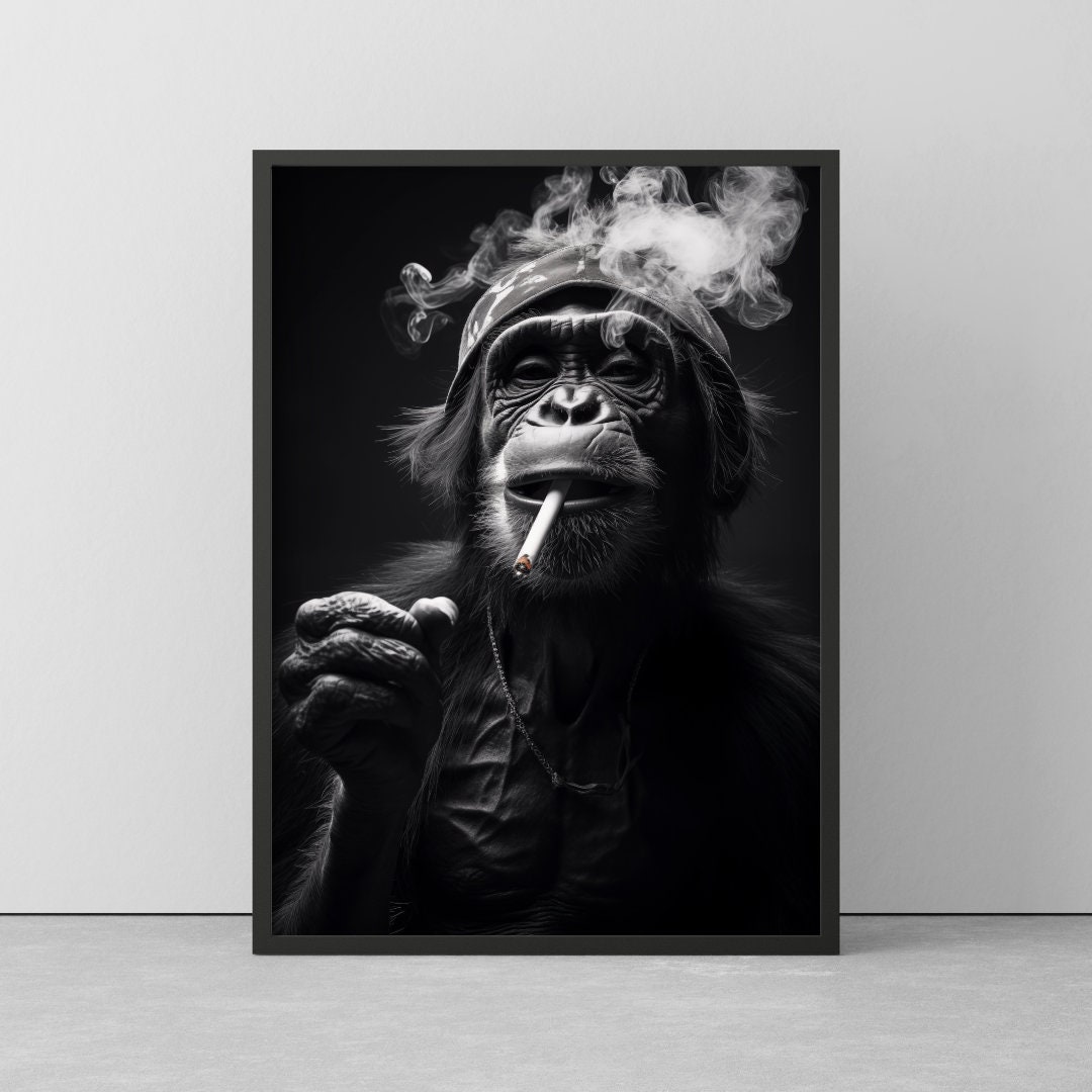 LUSTIGER AFFE raucht JOINT Einzigartiges Wandbild in Schwarz/Weiß Tier ...