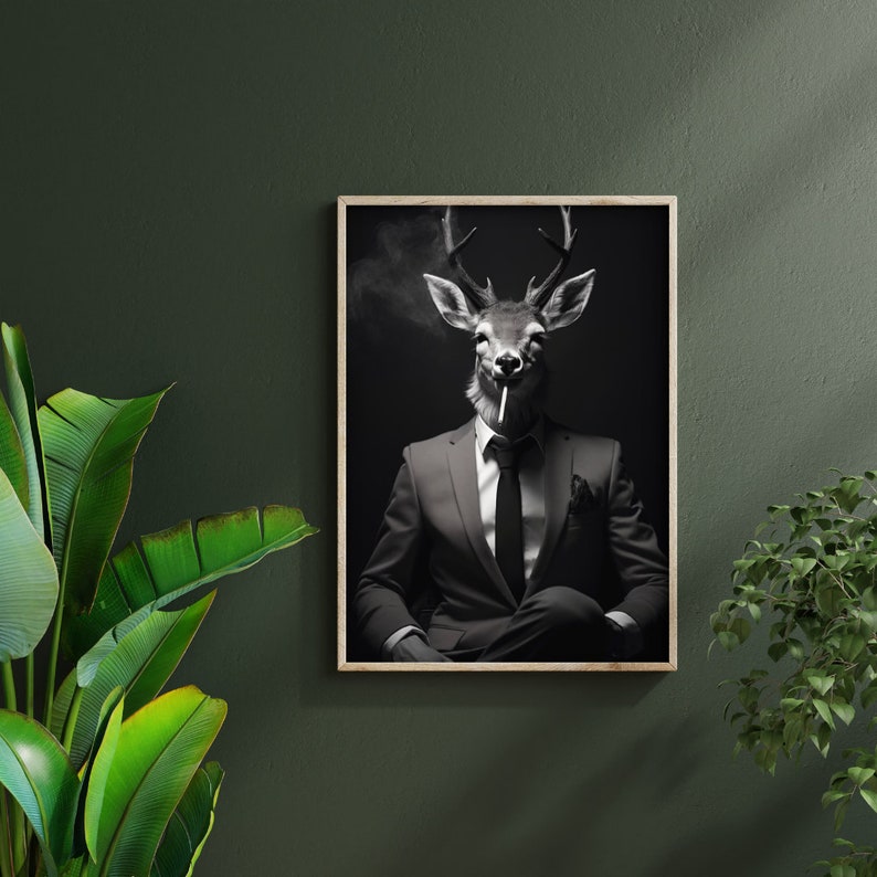 GANGSTER DEER in SUIT - Unique Wall Picture in Black/white - Animal ...