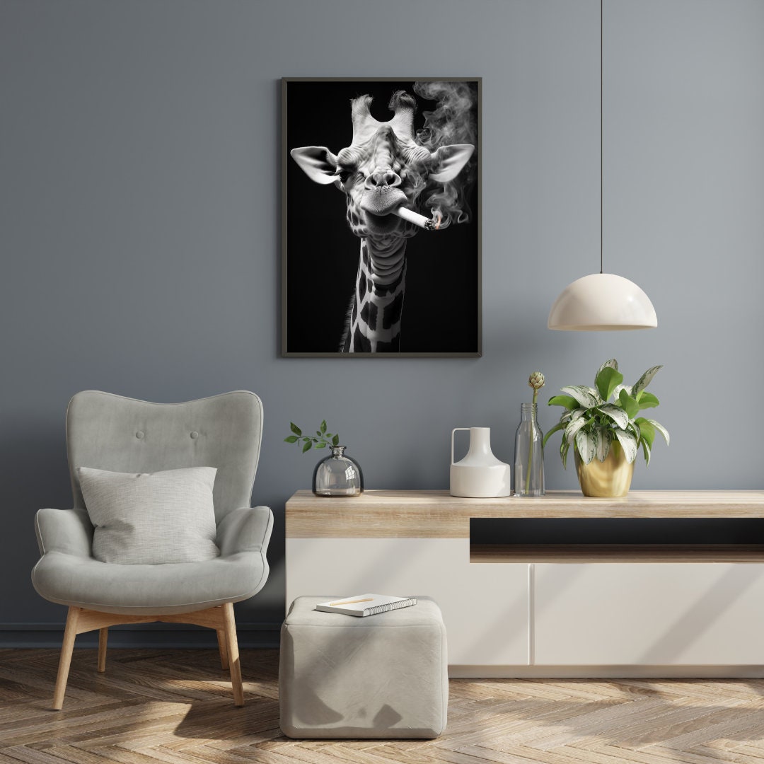 GIRAFFE RAUCHT ZIGARETTE Einzigartiges Wandbild in Schwarz/Weiß Tier ...