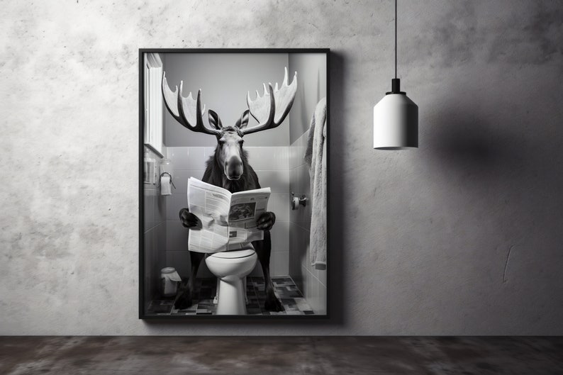 Moose on Toilet | Funny Poster for Bathroom | Moose Wallart Black/white ...