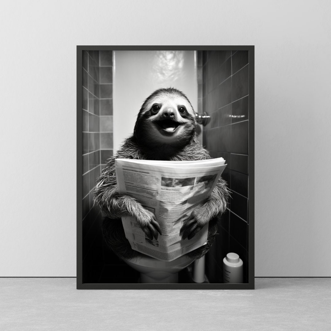 Sloth on Toilet Funny Poster for Bathroom Sloth Wallart Black/white ...