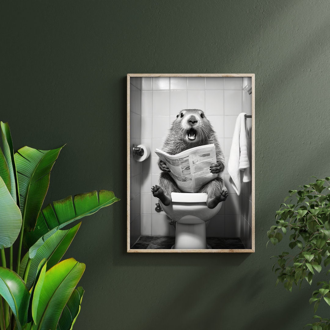 Marmot on Toilet Funny Poster for Bathroom Marmot Wallart Black/white ...