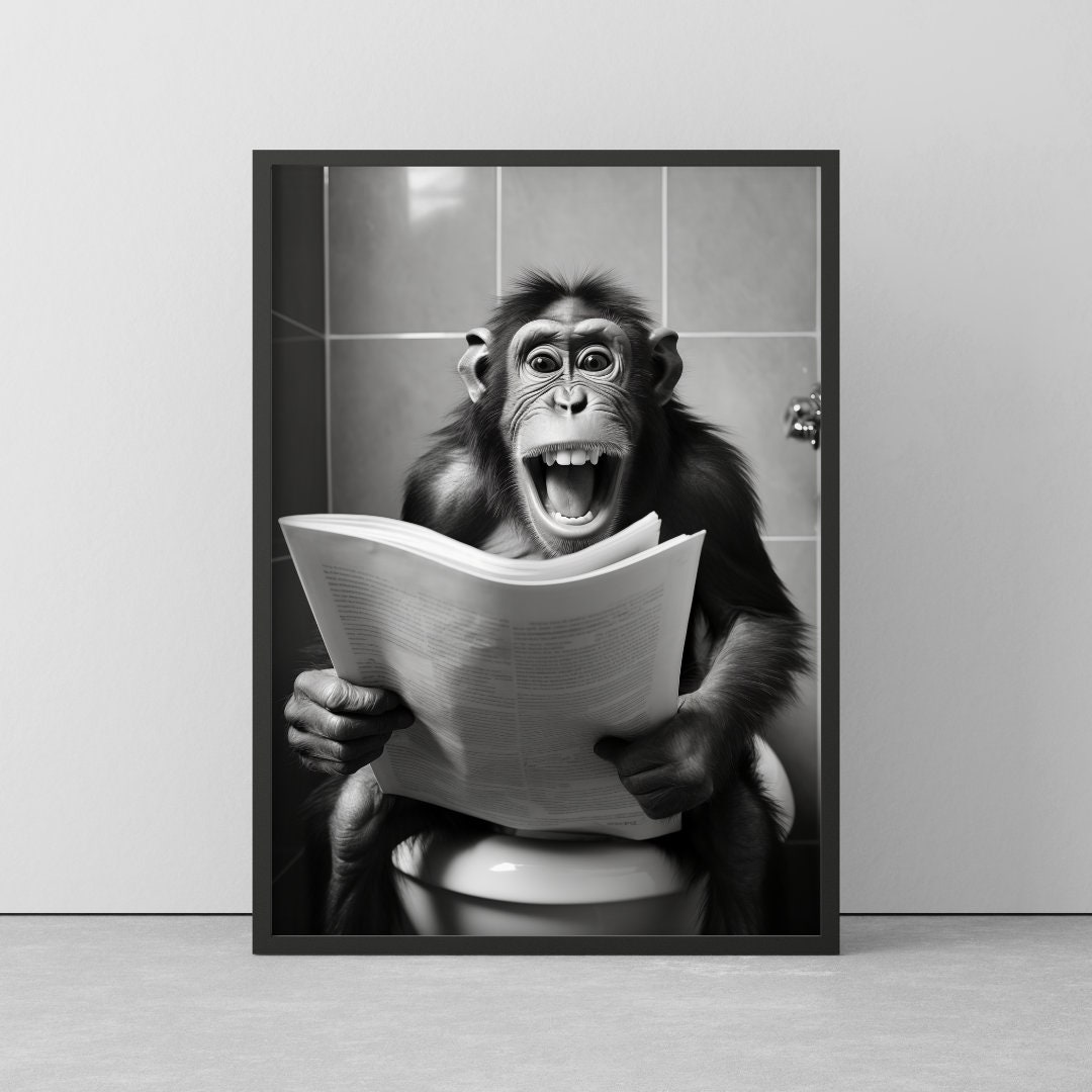 Funny MONKEY on TOILET Funny POSTER for Bathroom Monkey Wallart Black ...