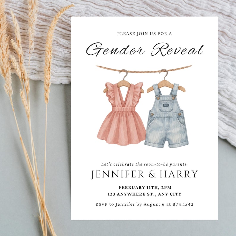 Pink and Blue Baby Clothes Gender Reveal Invitation, Clothesline ...