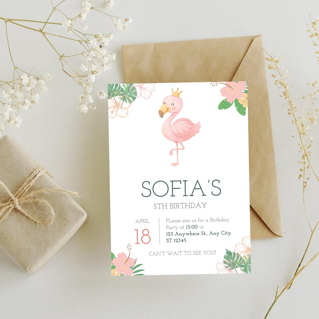 Editable Flamingo Birthday Invitation: Tropical Watercolor Theme ...