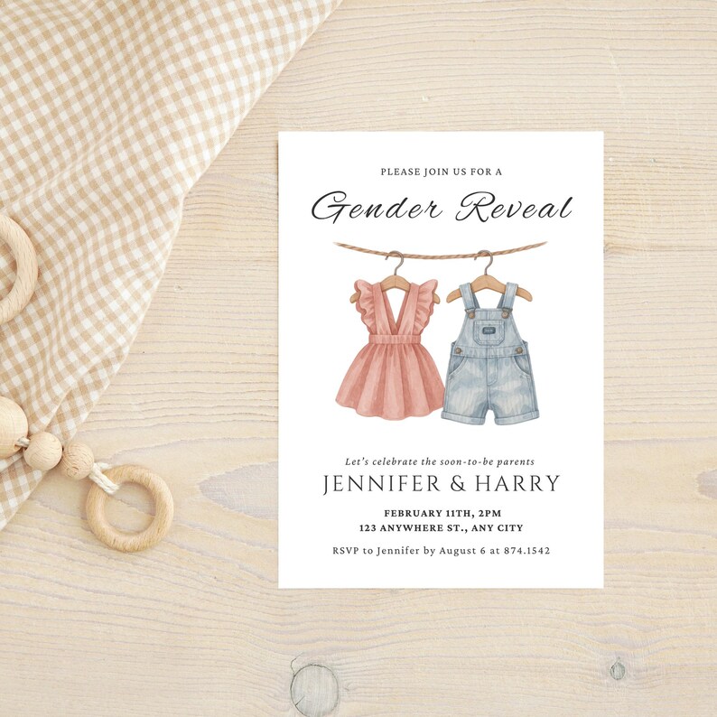 Pink and Blue Baby Clothes Gender Reveal Invitation, Clothesline ...