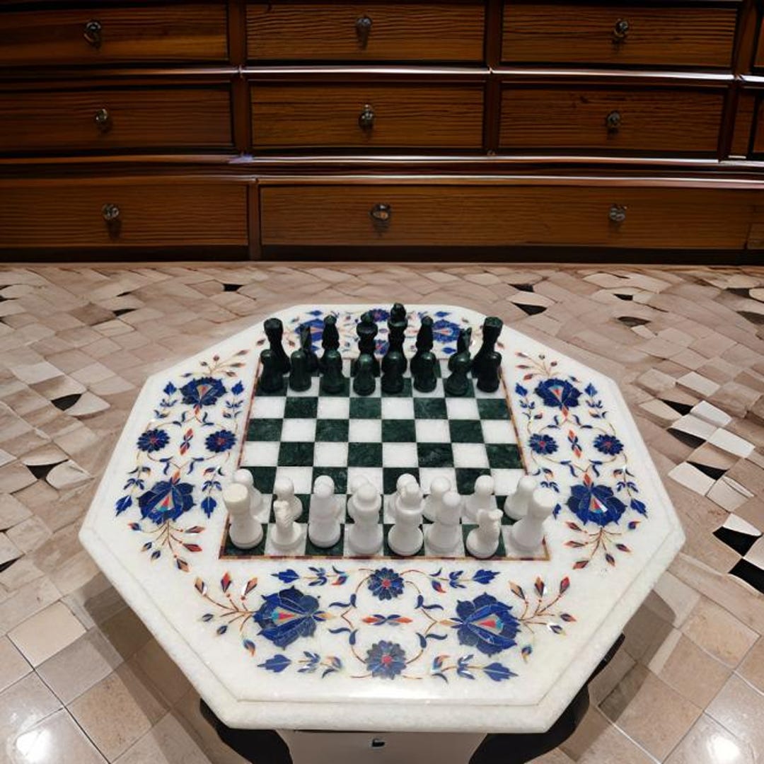 Handcrafted White Marble Chess Table With Semi-precious Stone Inlay ...