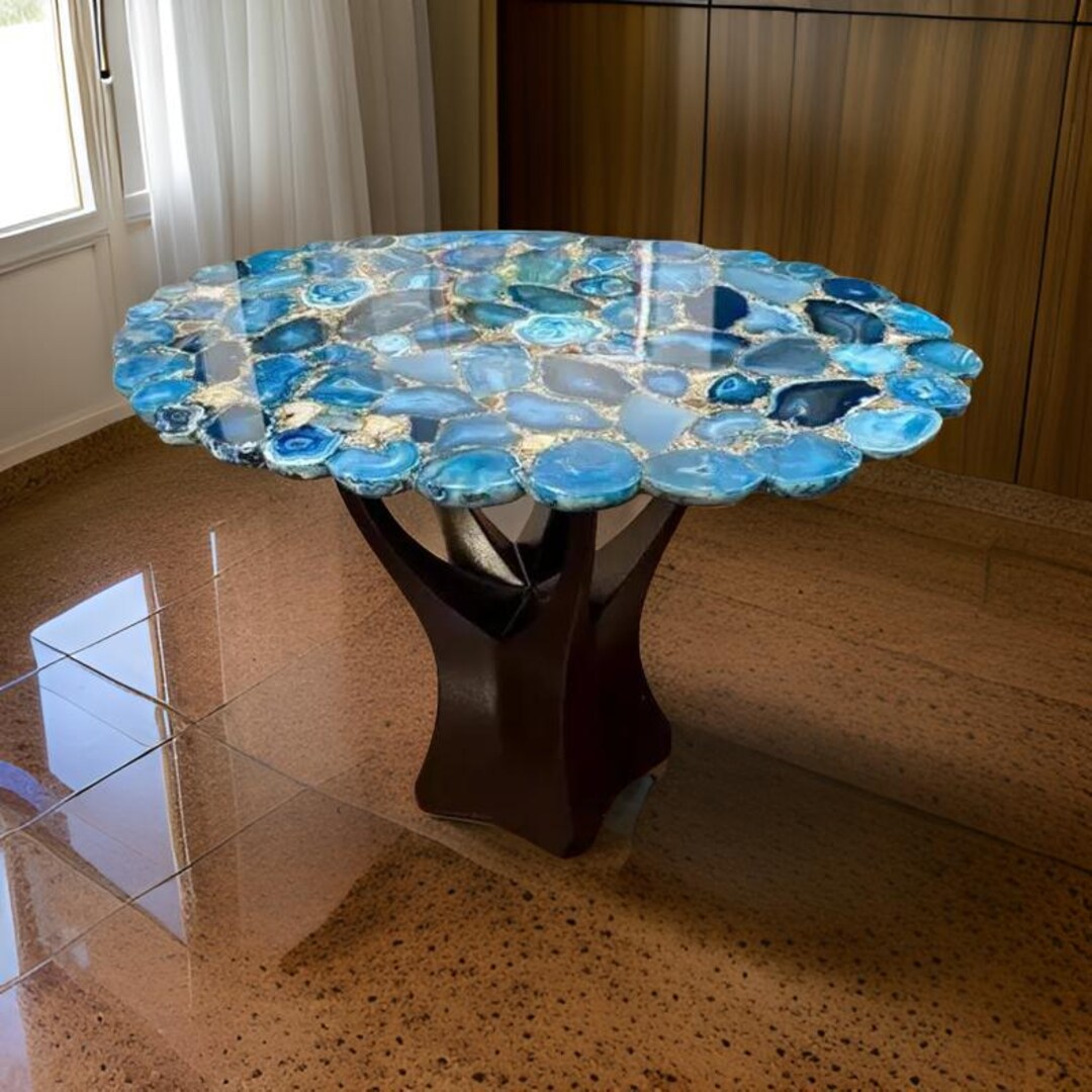 Oval Blue Agate Stone Coffee Table Top Mosaic Art Handmade Furniture ...