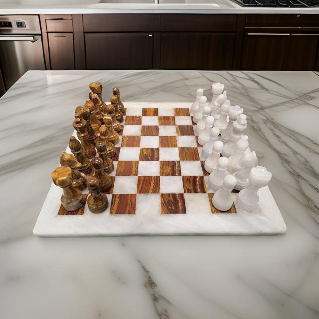 White Marble & Tiger Eye Chess Set - Handmade Stone Chess Board With ...