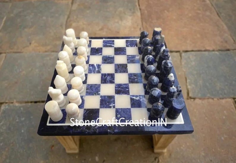 Blue Sodalite Stone Chess Set, Marble Stone Chess Board With Marble ...