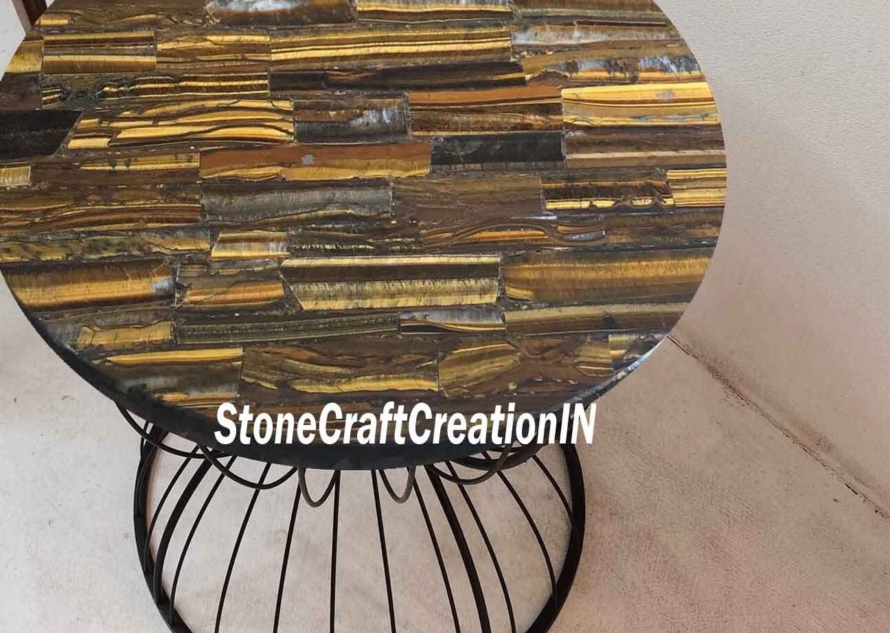 Tiger Eye Stone Coffee Table Top, Round Table Top, Yellow Marble Tiger ...