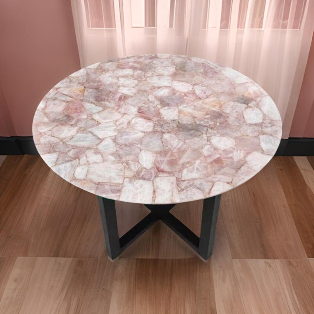 Elegant Rose Quartz Round Coffee Table – Handmade Natural Crystal ...