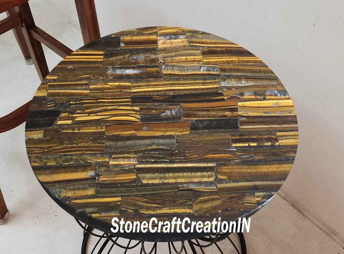 Tiger Eye Stone Coffee Table Top, Round Table Top, Yellow Marble Tiger ...