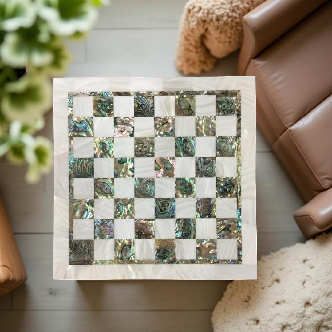Handcrafted White Marble Chess Board: Abalone & Mother of Pearl Inlay ...