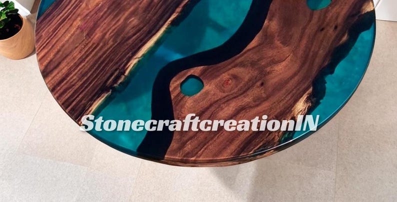 Clear Teal Epoxy Round Table Top / Wooden Table Top / Handmade Round ...