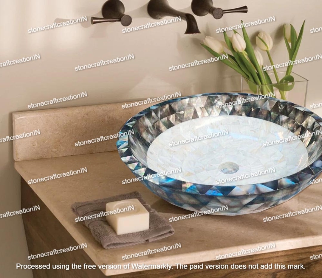 Marble Inlay Sink, White & Black Mother of Pearl Stone Vanity Counter ...