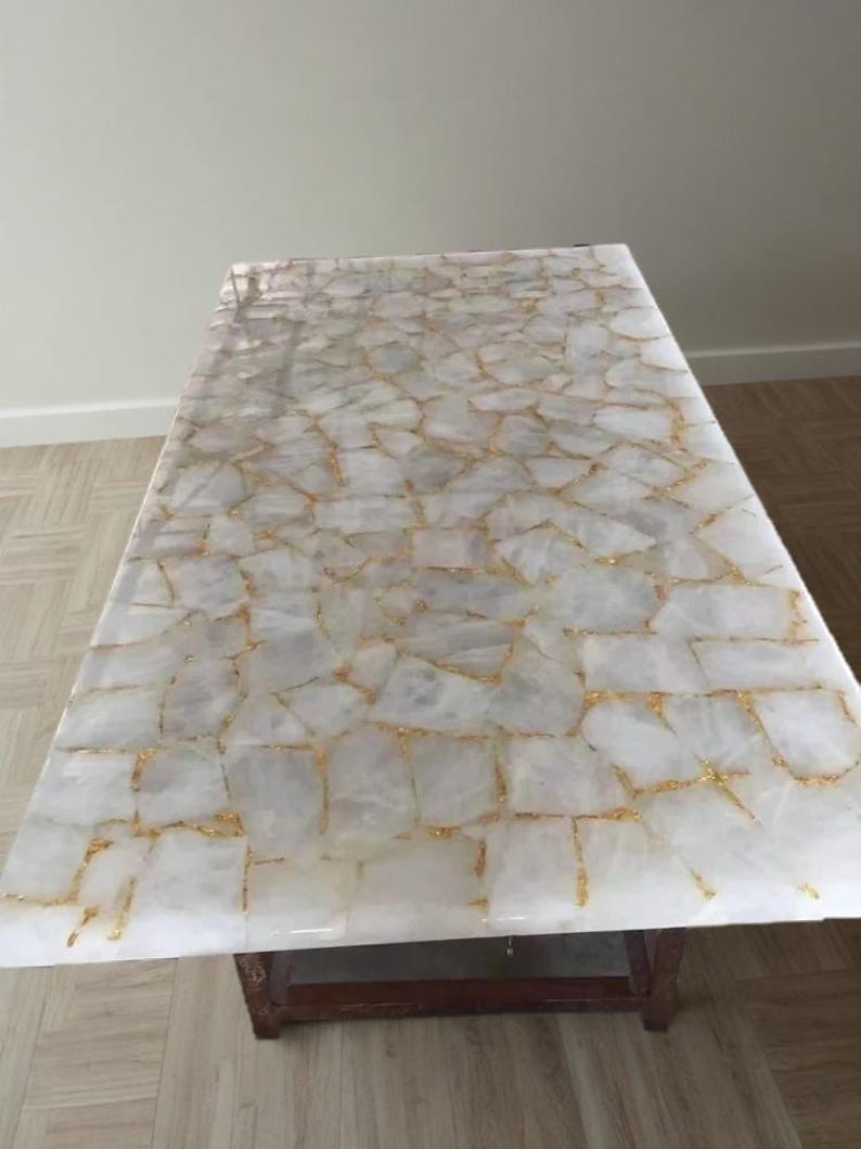 White Quartz Stone Dining Table Top | Handmade Natural Quartz Slab for ...