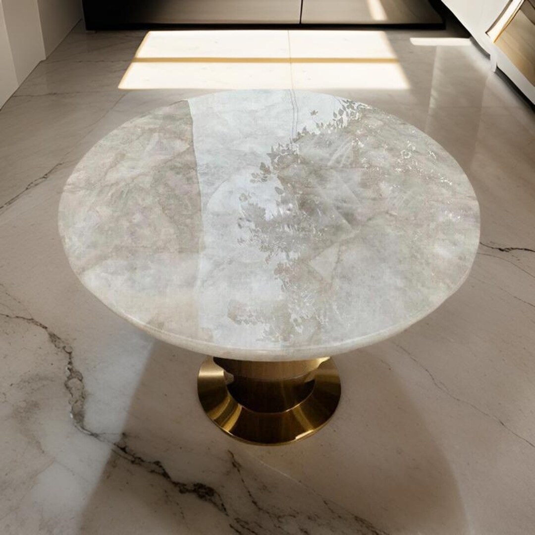 Luxury White Quartz Round Table – Elegant Polished Stone Tabletop ...