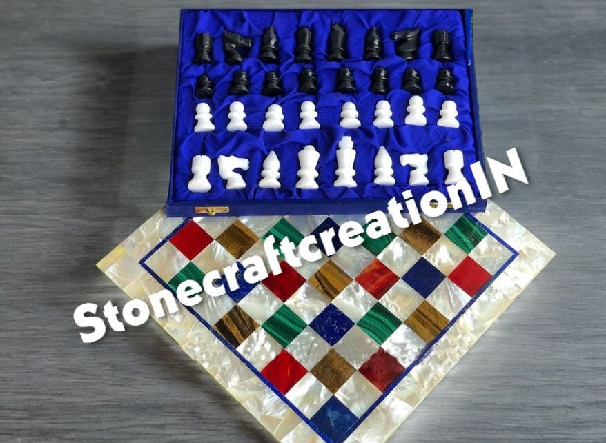 Mother of Pearl Chess Set With Marble Pieces, Semi Precious Multi Stone ...
