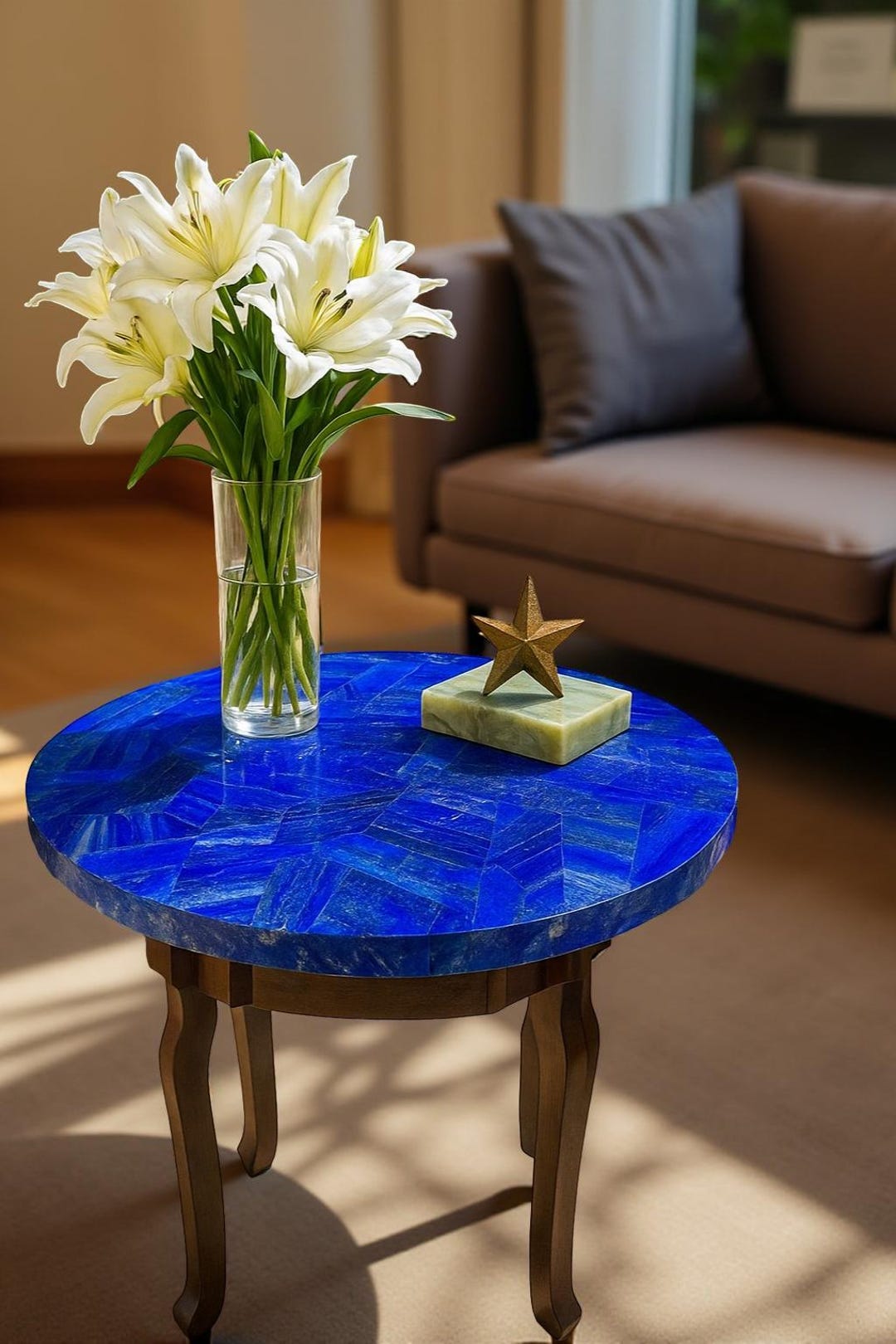 Blue Lapis Lazuli Coffee Table Top – Handmade Round Side Table – Luxury ...