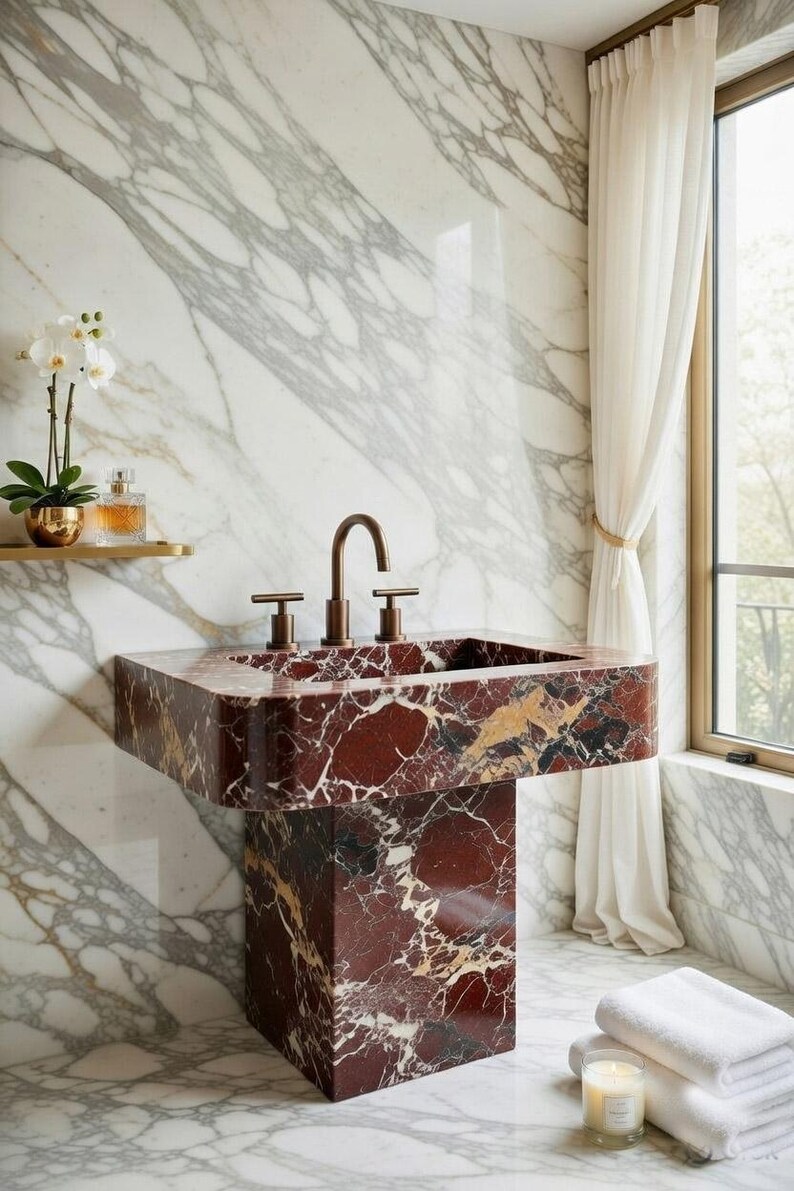 Rosso Levanto Marble Pedestal Sink – Handmade Italian Stone Washbasin ...