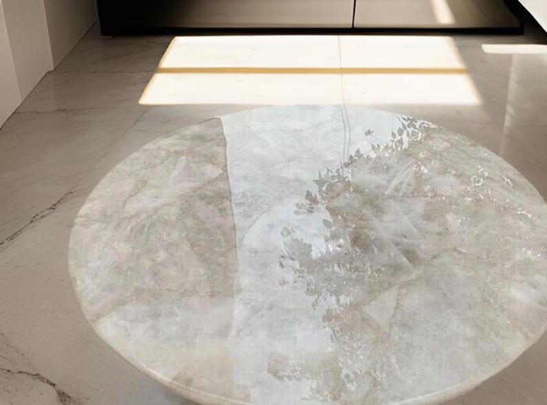 Luxury White Quartz Round Table – Elegant Polished Stone Tabletop ...