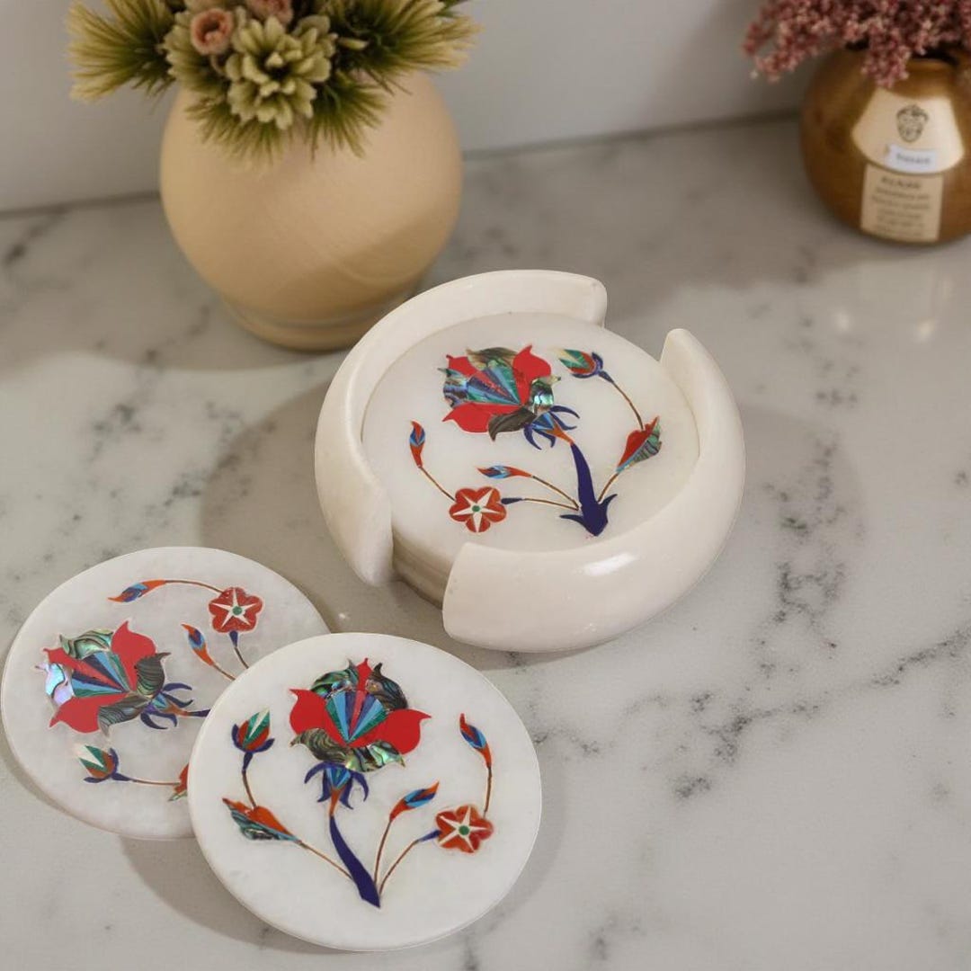Handmade Coasters, White Marble Inlay Coaster Set of 6 Pcs, Kitchen ...