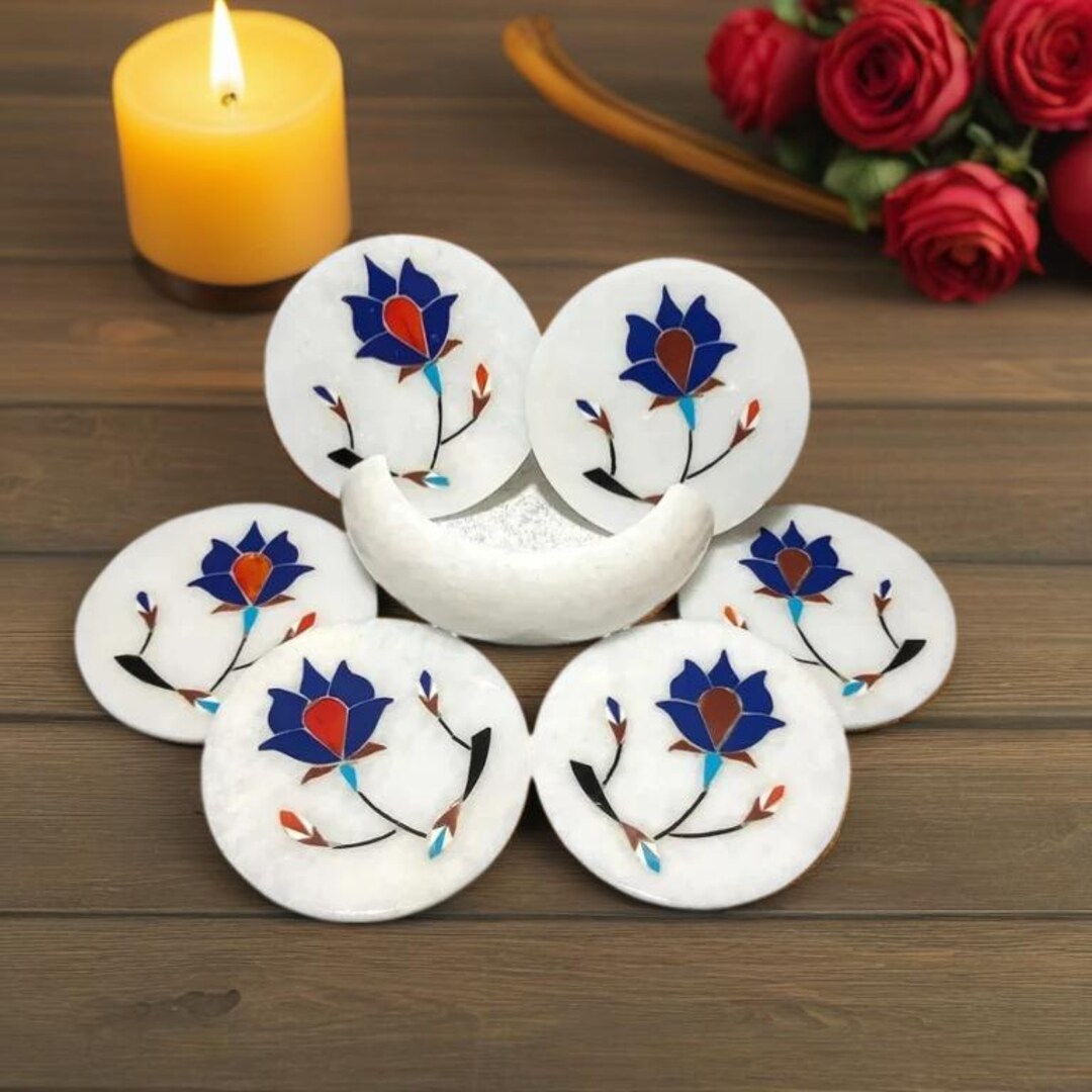 White Marble Coaster Set, Marble Inlaid Coaster, Kitchen Beverages ...