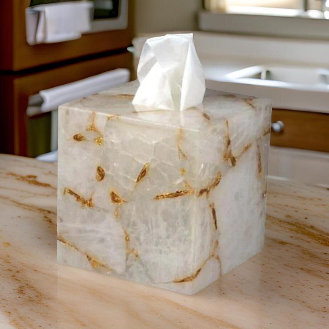 Luxurious White Quartz Tissue Holder – Handcrafted Natural Stone Tissue ...