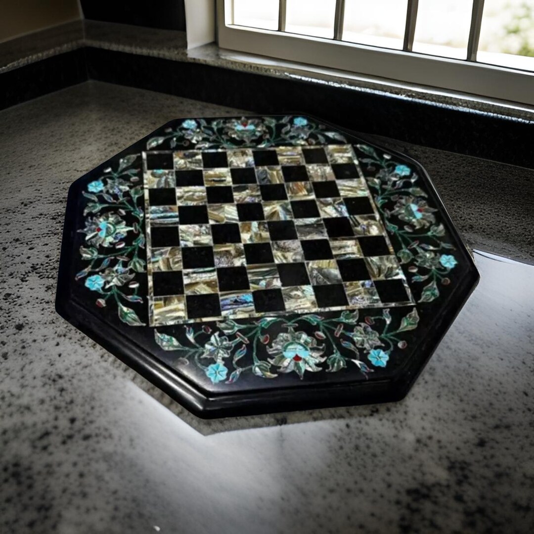 Handmade Black Marble Chess Board: Octagon Inlay With Semi-precious ...