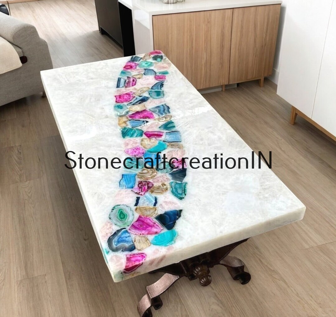 White Quartz Table, Quartz & Mix Agate Table Countertop, Agate Coffee ...