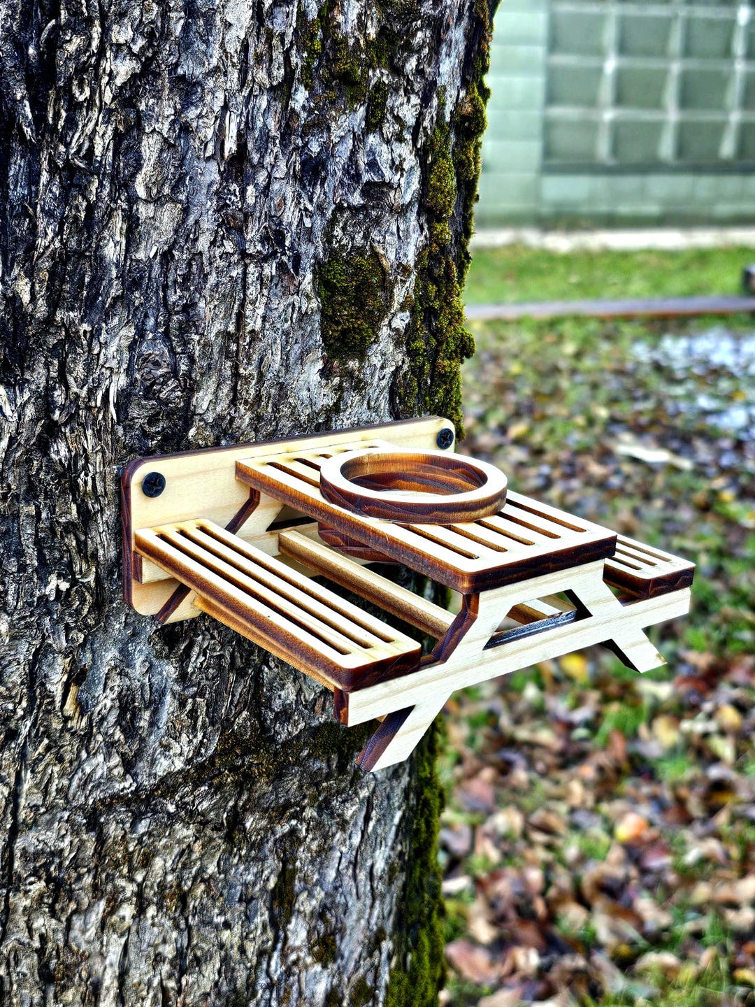 Squirrel Picnic Table Feeder – Solid Spruce Wood, Tree or Fence Mounted ...