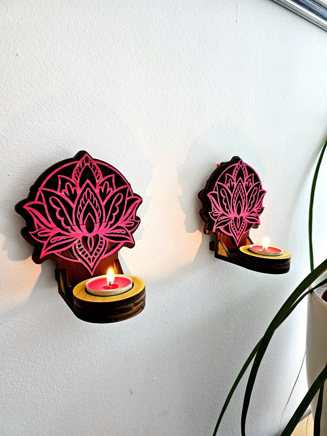 Sconce Pair Lotus Mandala 3D Boho Candle Stand – Pink Wall-mounted ...