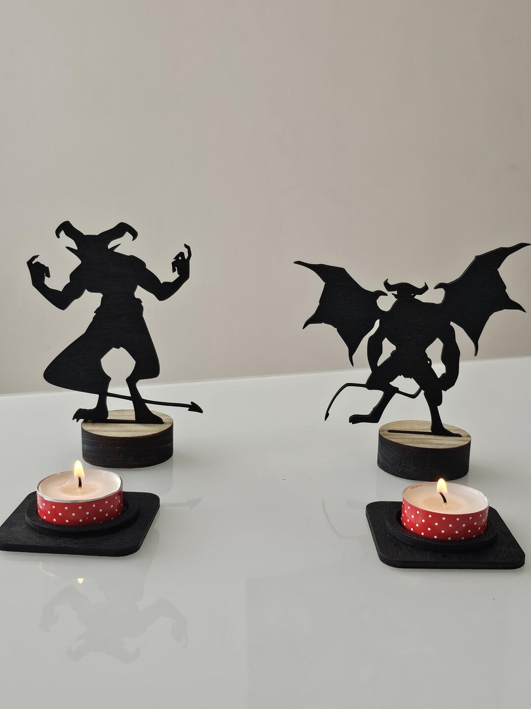 Winged Horned Devil Vampire Tealight Holders Spooky Halloween Shadow ...