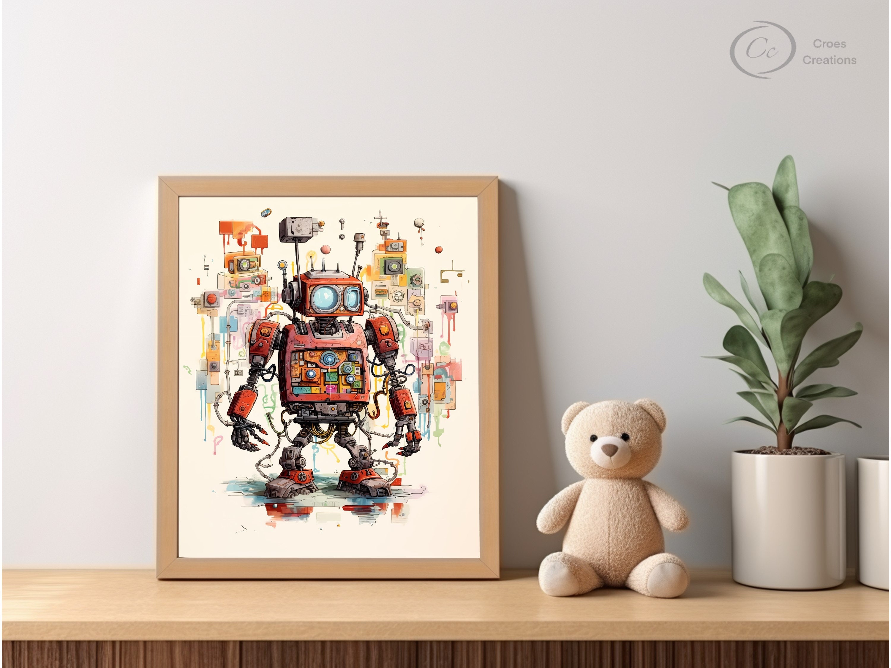 Cyberpunk Red Robot Retro Wall Art for Kids Room Industrial Wall Decor ...