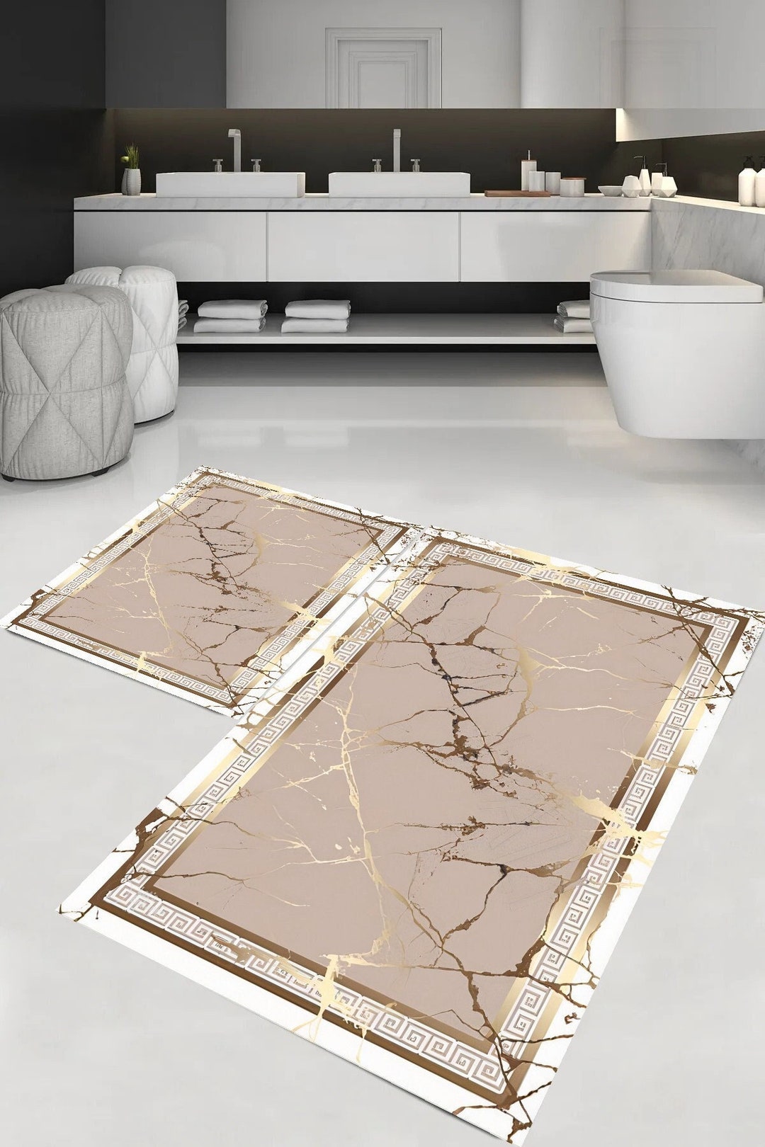 Set of 2 Marble Design Bath Mat, Non-slip Bath Rug,beige Gold Bath ...