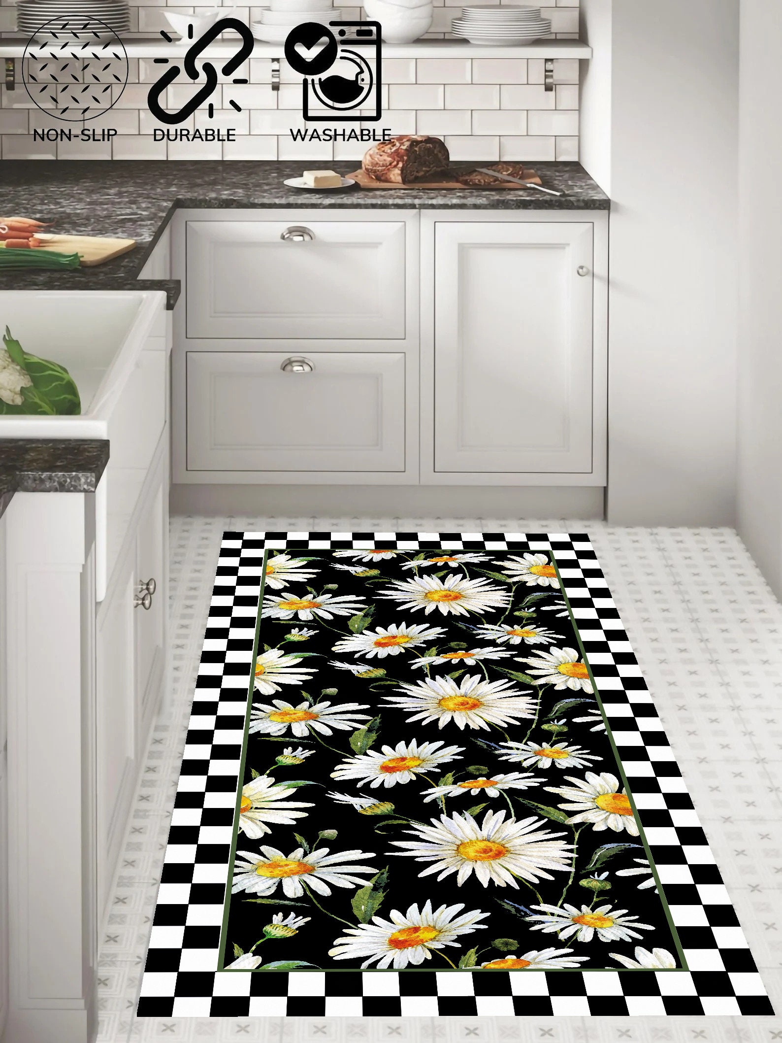 Black and White Striped Daisy Pattern Kitchen Rug,floral Kitchen Rug ...