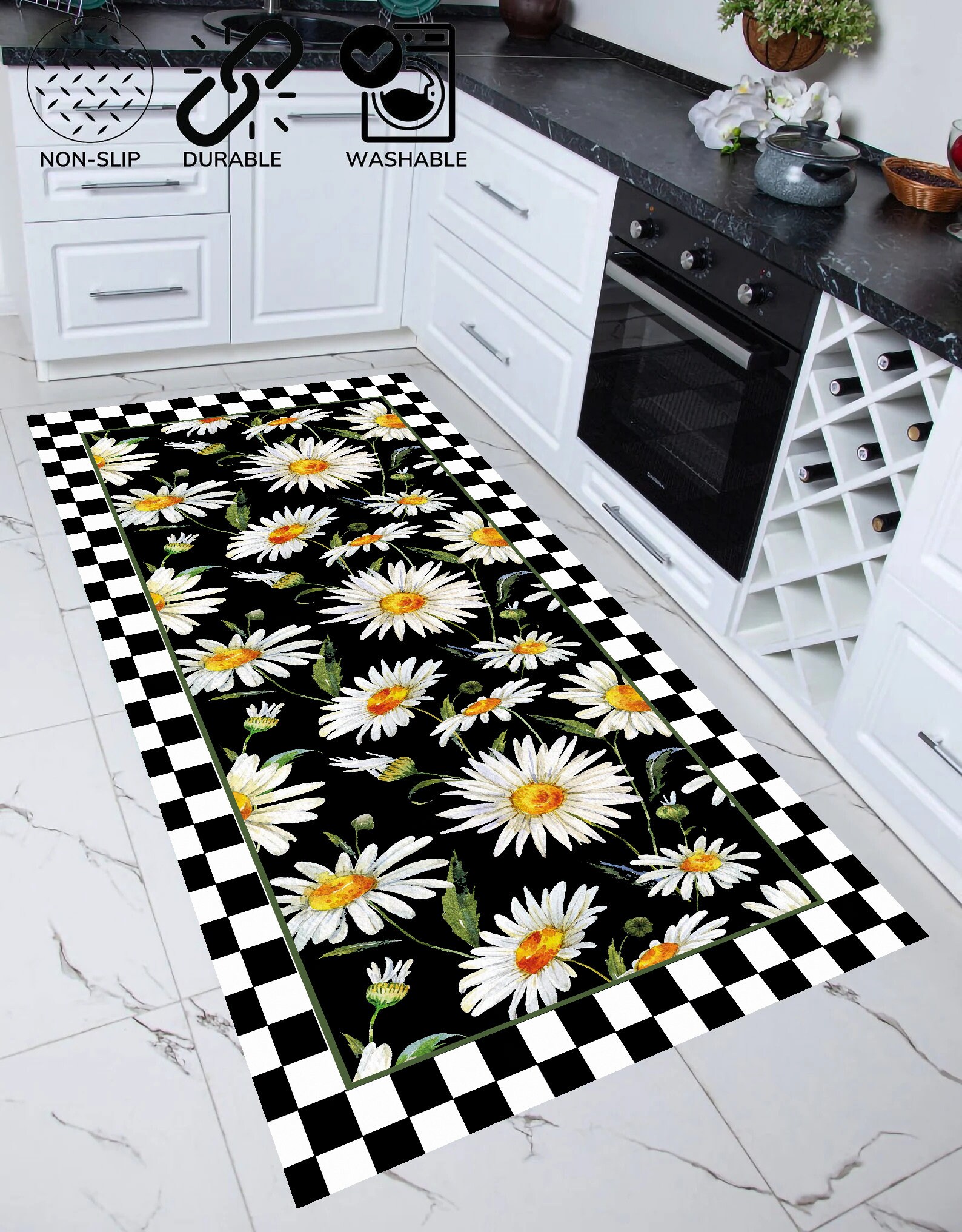 Black and White Striped Daisy Pattern Kitchen Rug,floral Kitchen Rug ...