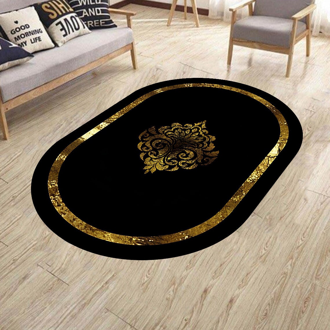 Golden Pattern Black Rug Black Gold Rug Washable Area Rugs - Etsy