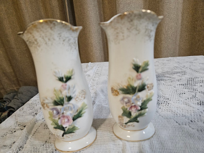 Vintage Lefton China Hand Painted Bud Vases With Raised Enamel Roses ...