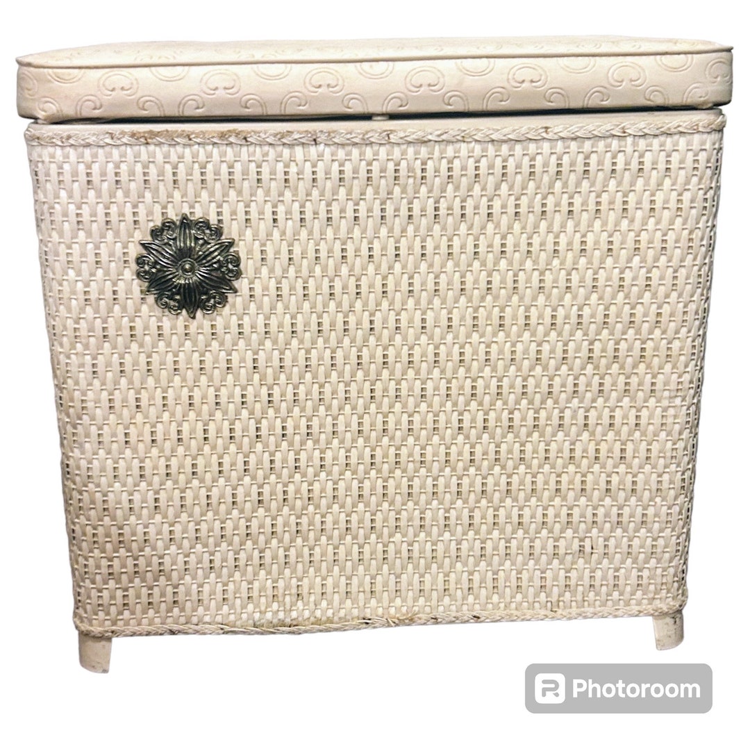 Vintage Mid Century Modern Laundry Hamper Wicker Plastic Padded Top - Etsy