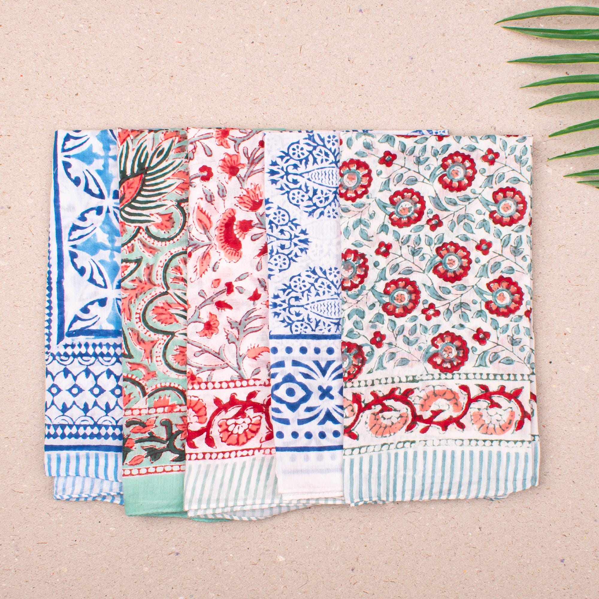 15 Pcs Vintage Block Printed Cotton Bandanas, Summer Cotton Headscarf ...