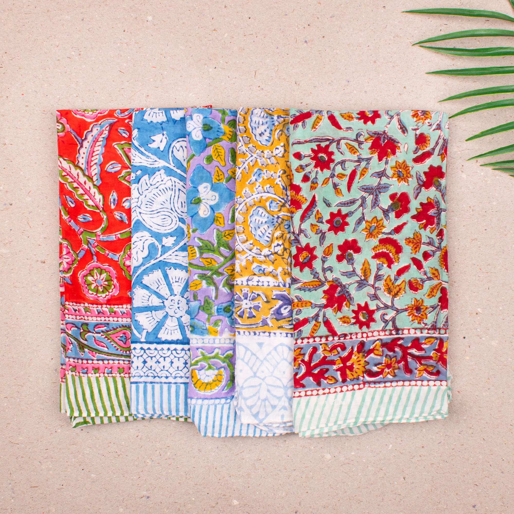15 Pcs Vintage Block Printed Cotton Bandanas, Summer Cotton Headscarf ...