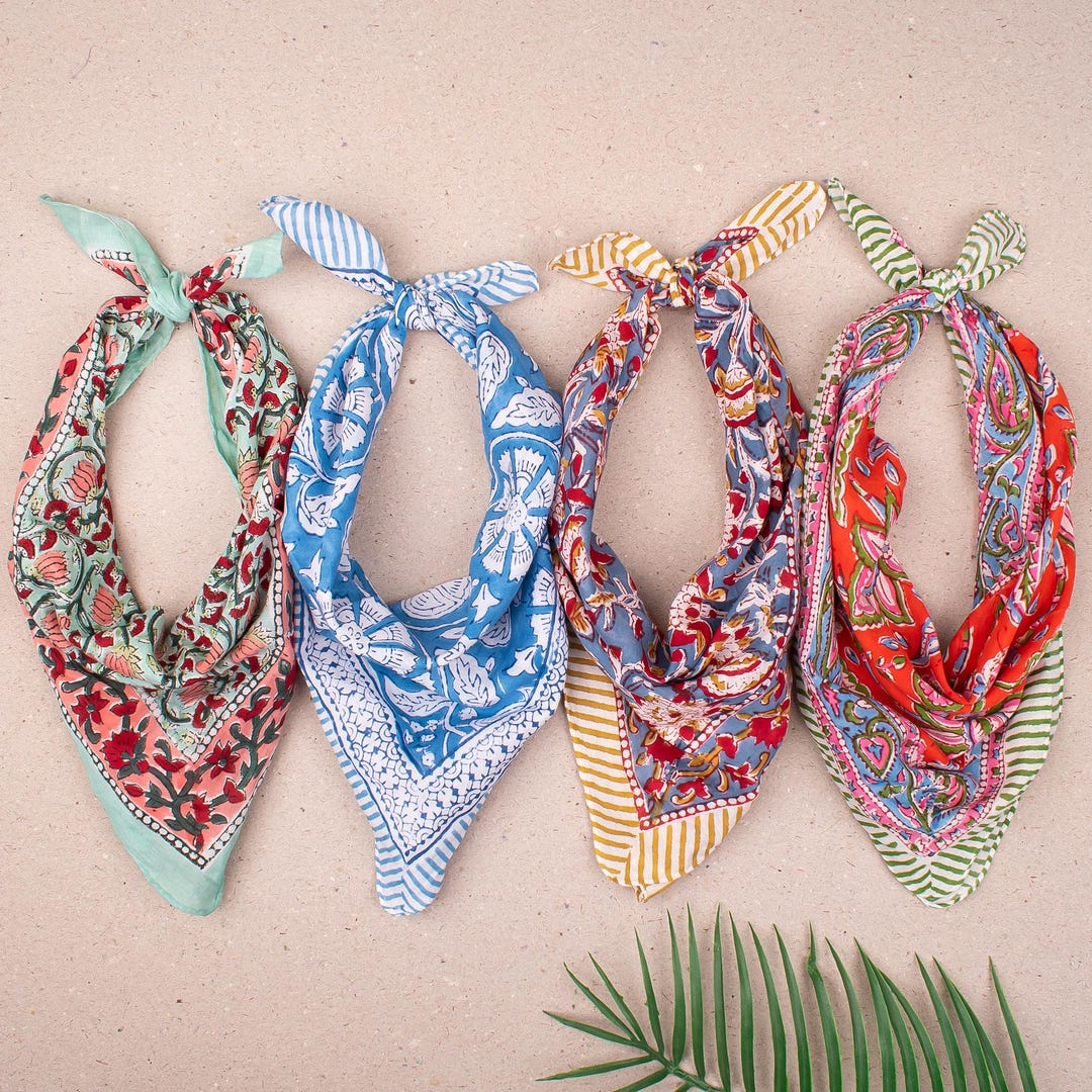 Set of 4 Colorful Cotton Bandanas, Hand Block Printed Scarf for Summer ...