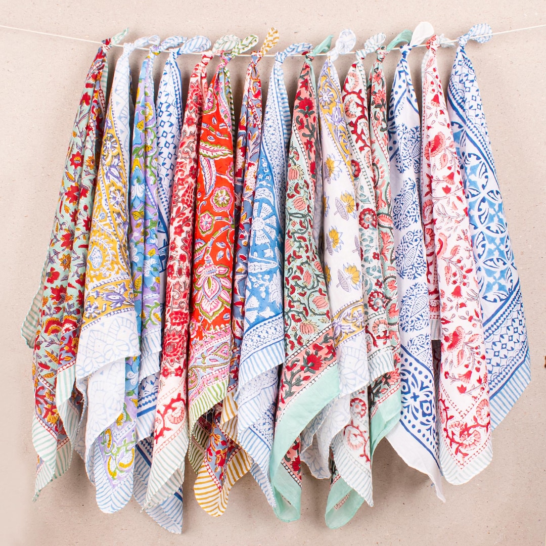 15 Pcs Vintage Block Printed Cotton Bandanas, Summer Cotton Headscarf ...