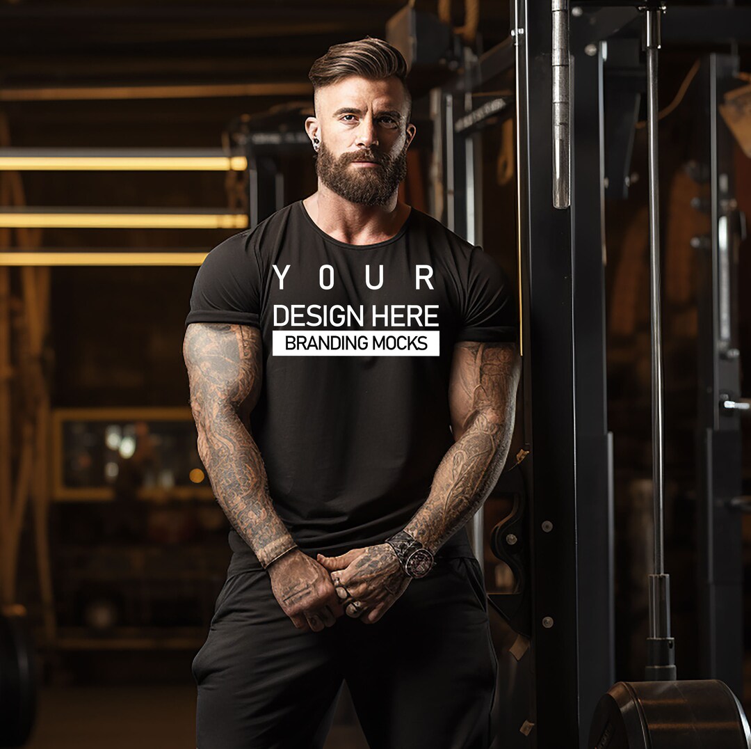 Men's Sports Themed Model Mock-up, Black T-shirt Mock-up, Black Bella ...
