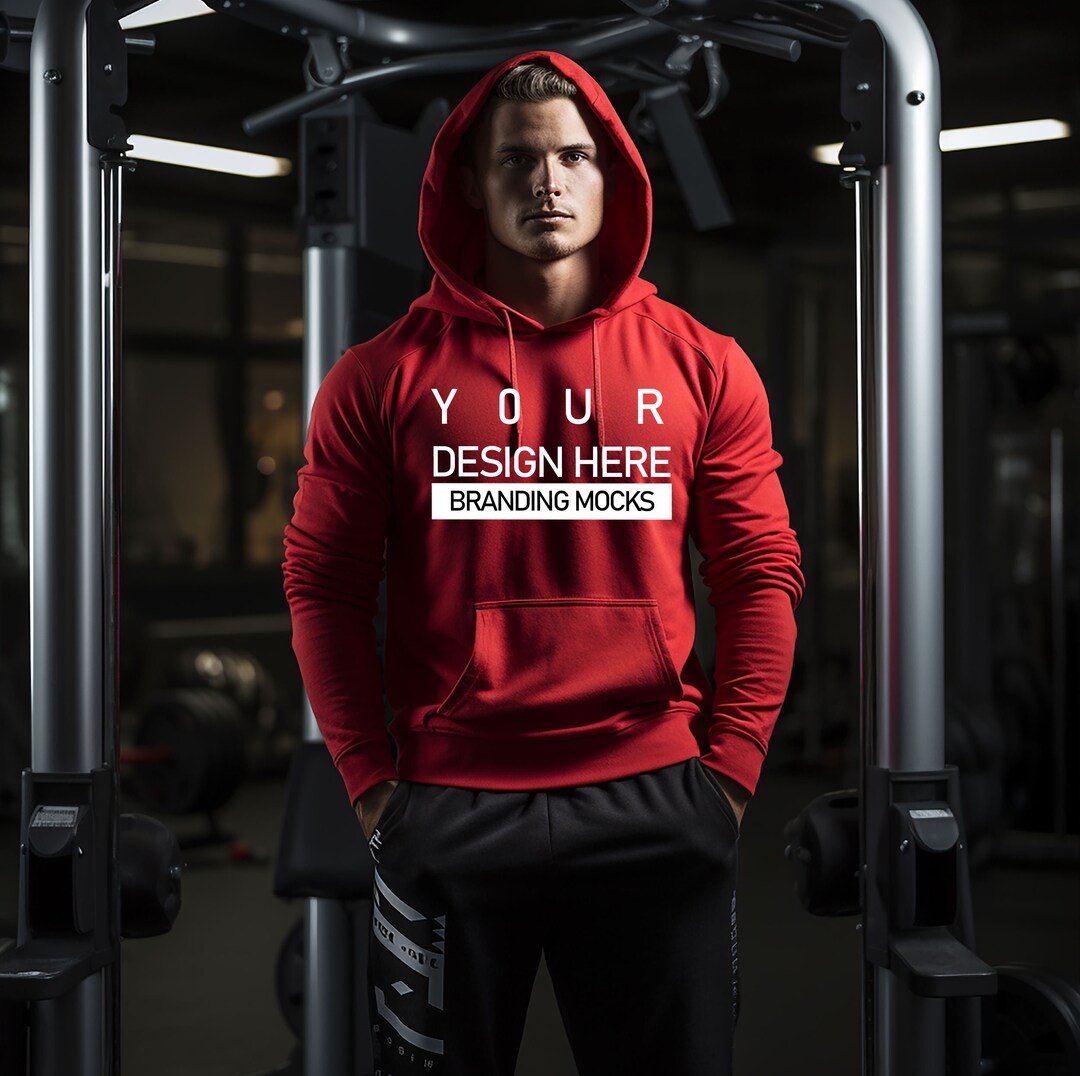 Men's Sports Themed Model Mock-up, Red Hoodie Mock-up, Red Bella Canvas ...