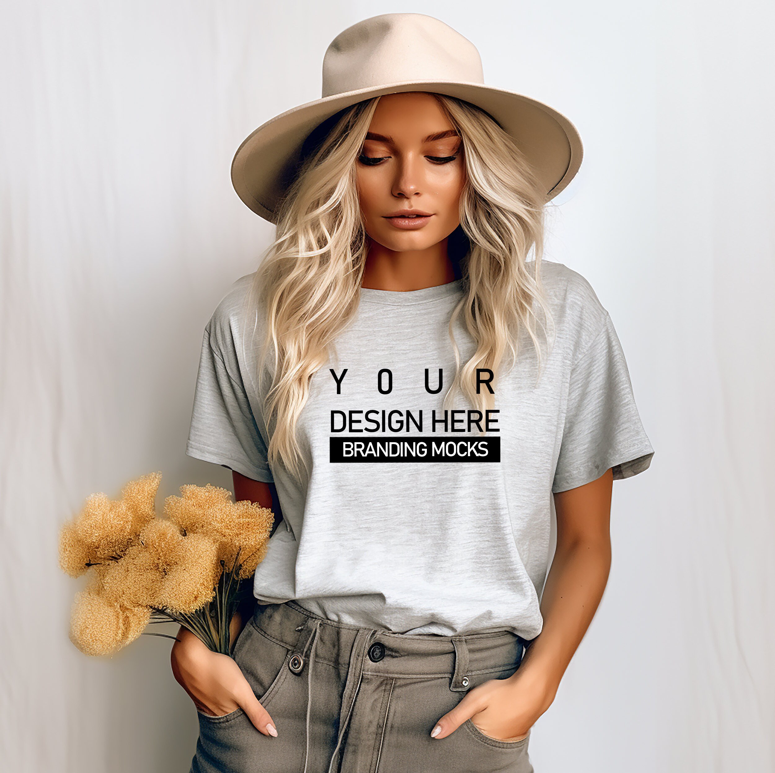 Woman Blonde Mockup, Tshirt Woman Mockup, Heather Light Gray Shirt Mock ...
