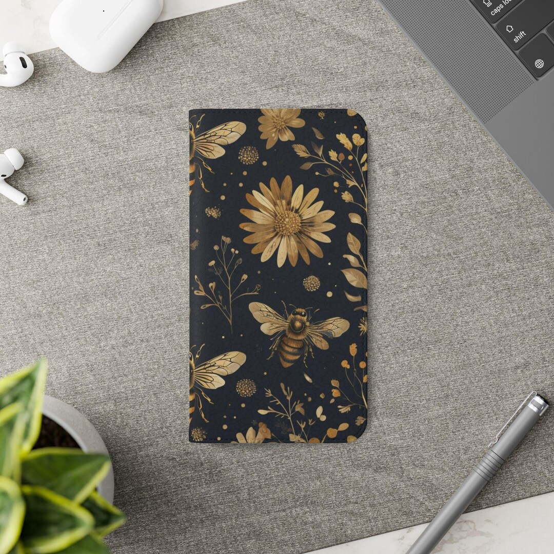 Bee and Wildflower Folio Case, Golden Bee Vegan Leather Case, Bumblebee ...