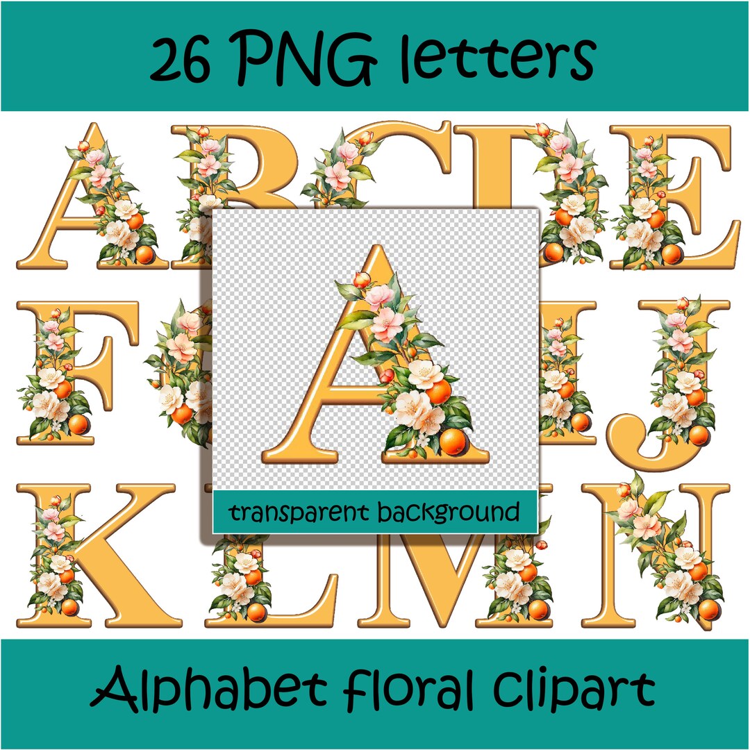 Orange Floral Alphabet Collection Clipart 26 PNG: Digital Download of ...
